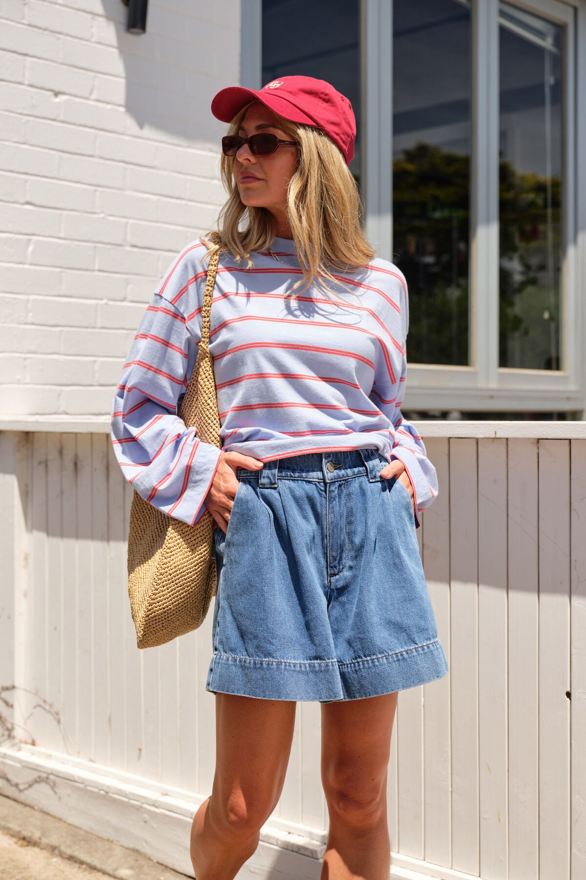 Beau Long Sleeve Slouchy Tee ~ blue + red – Wander + Laze