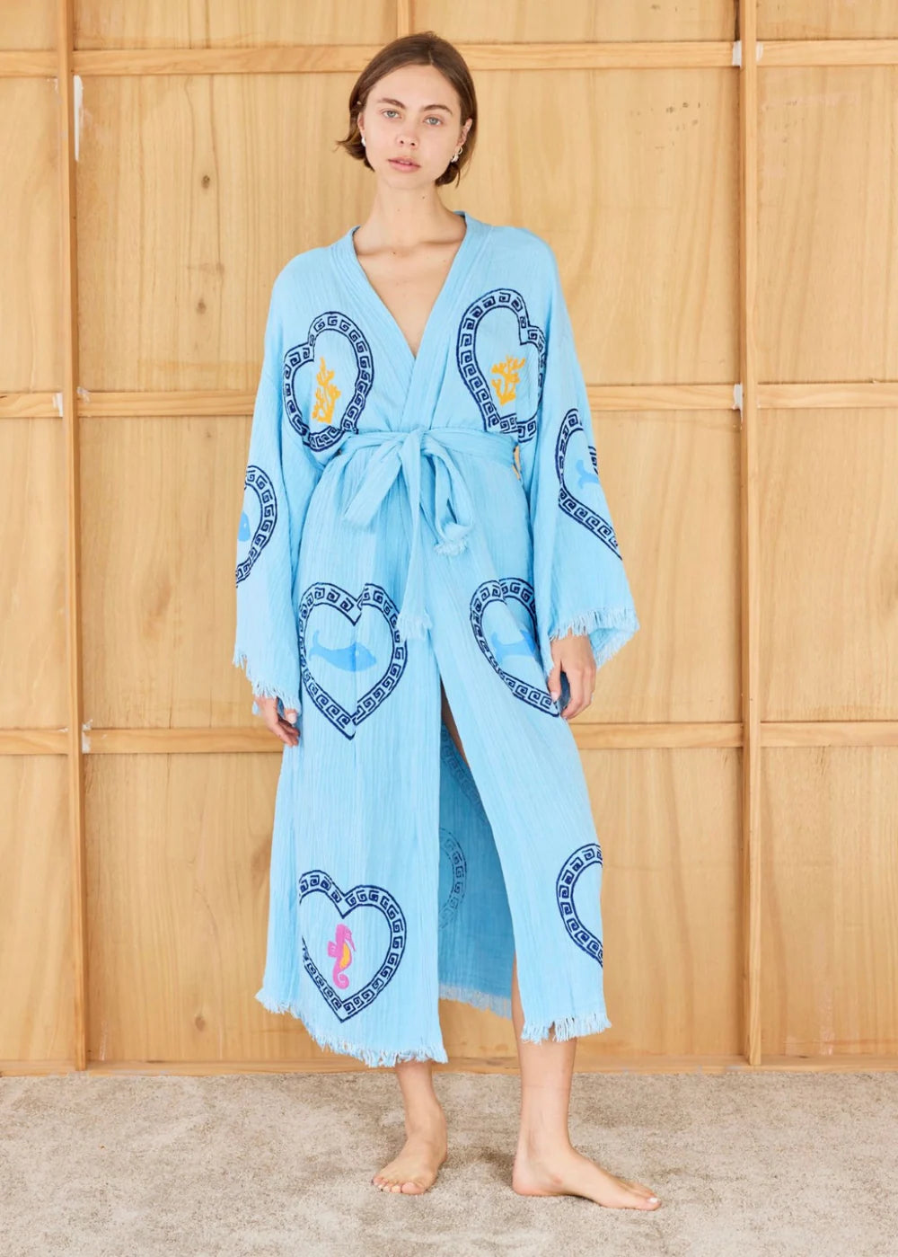 Long Azure Sardine Coral Robe ~ Hand Pressed Motif – Wander + Laze
